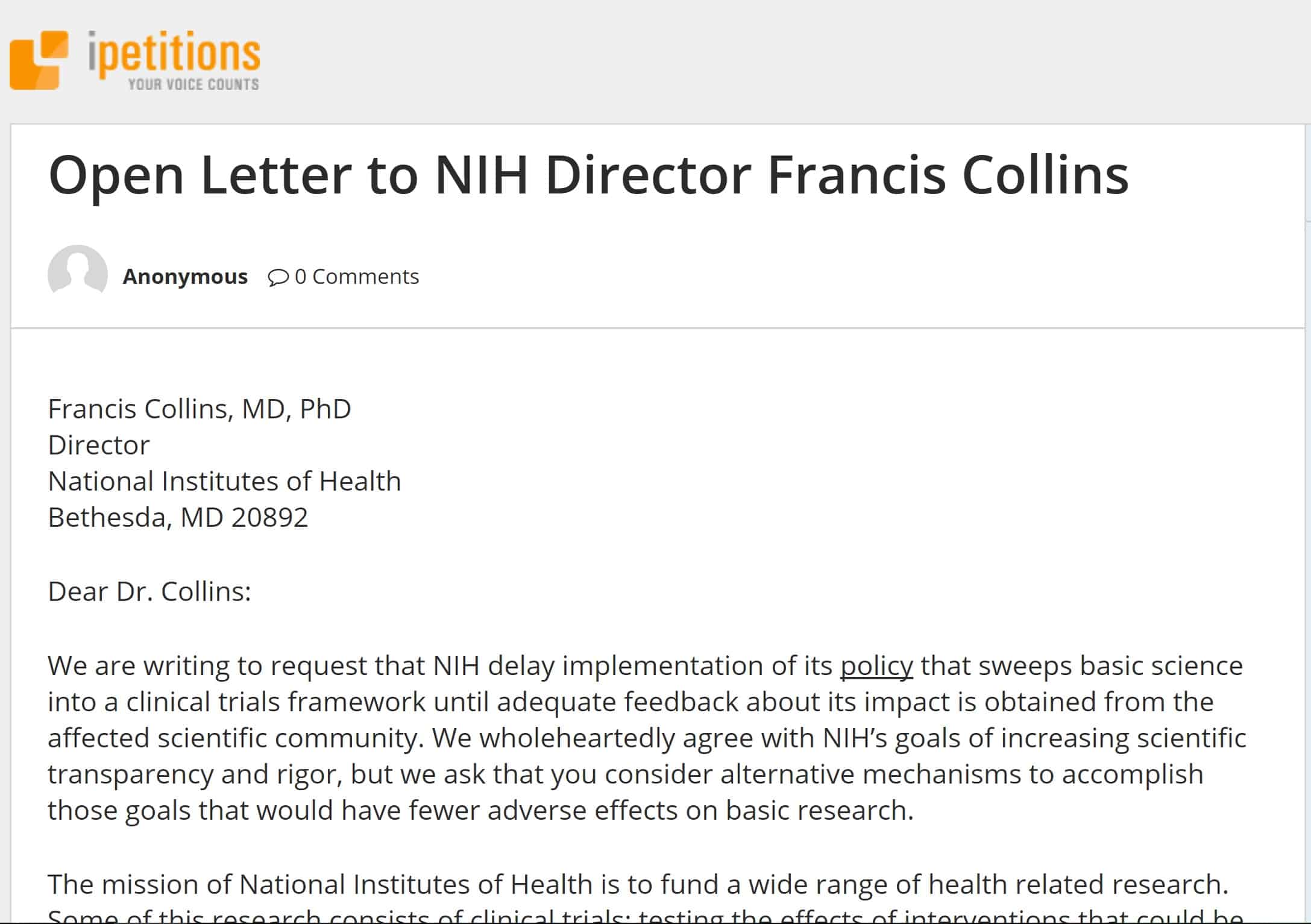 Open Letter on New NIH Clinical Trials Policy - Cognitive Neuroscience ...